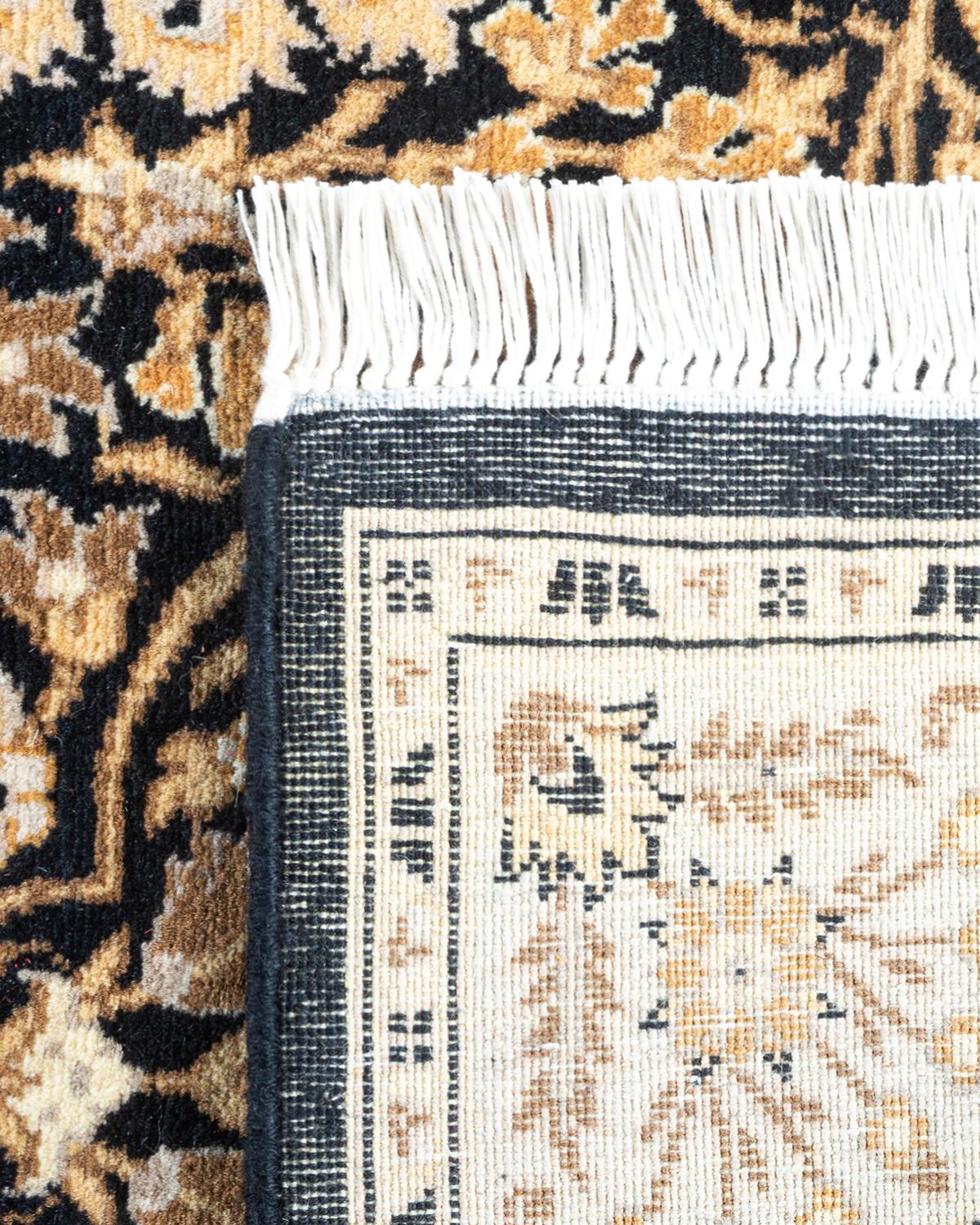 Traditional Mogul Hand Knotted Wool Black Runner For Sale at 1stDibs
