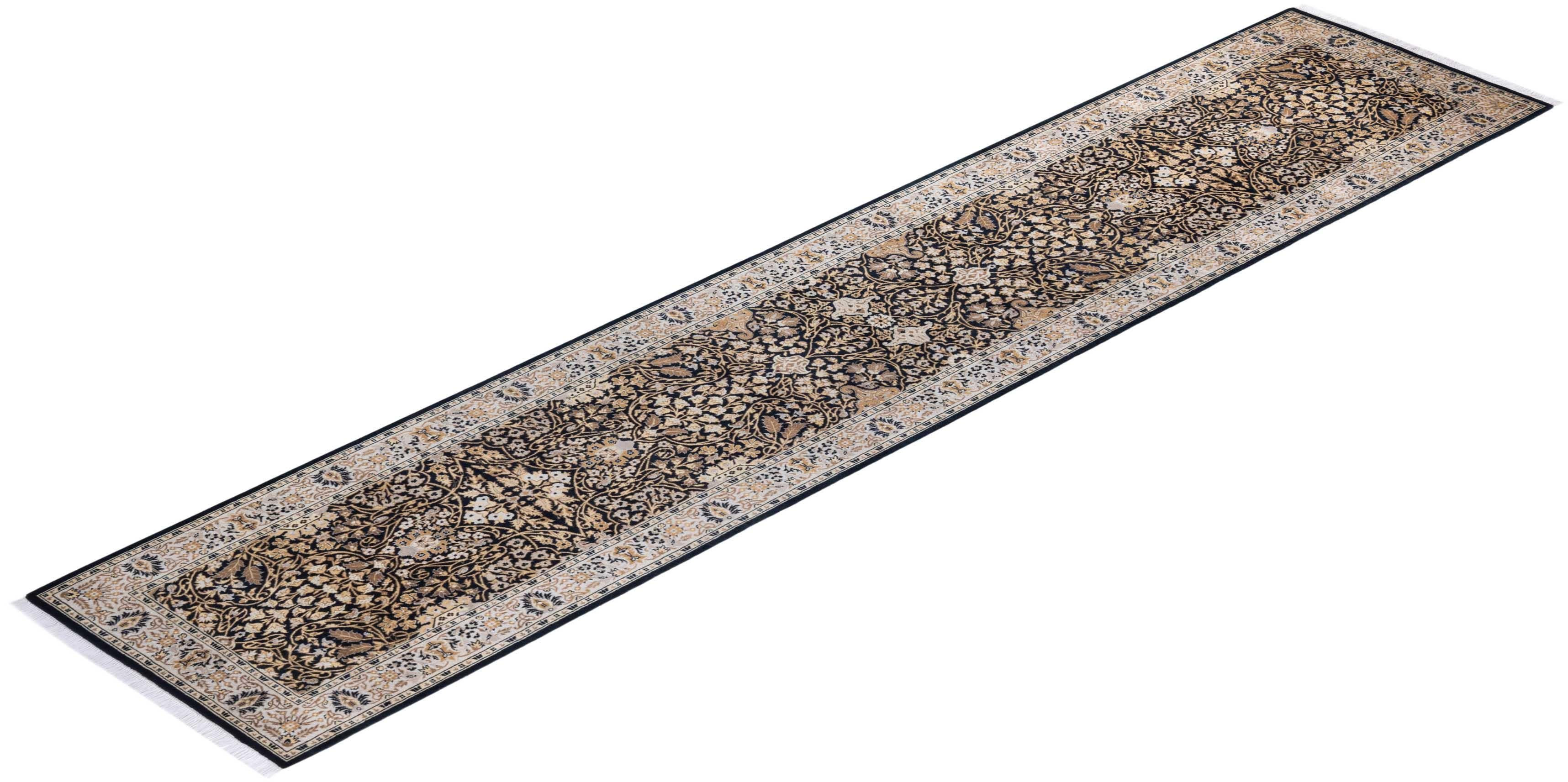 Traditional Mogul Hand Knotted Wool Black Runner For Sale at 1stDibs