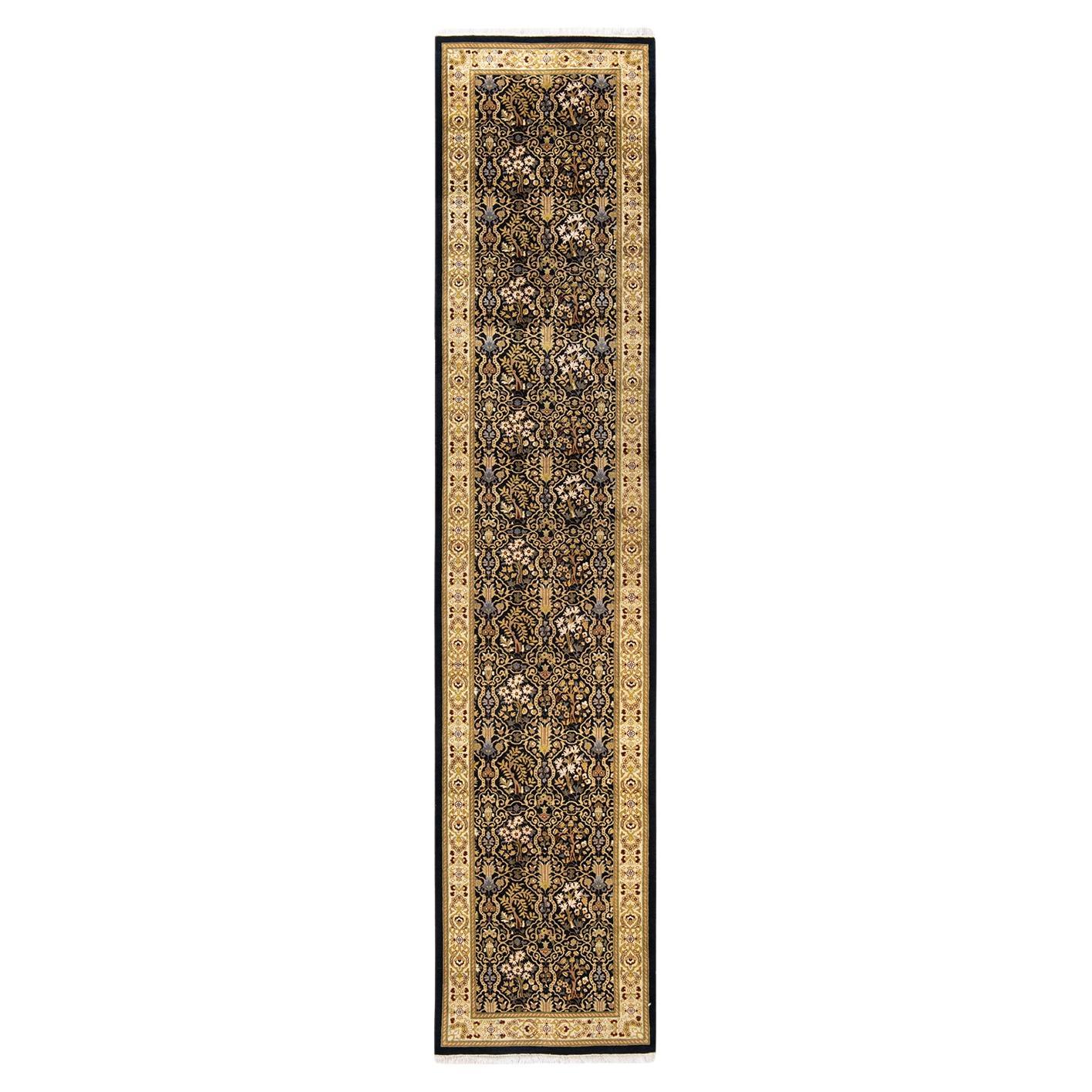 Traditional Mogul Hand Knotted Wool Black Runner For Sale at 1stDibs