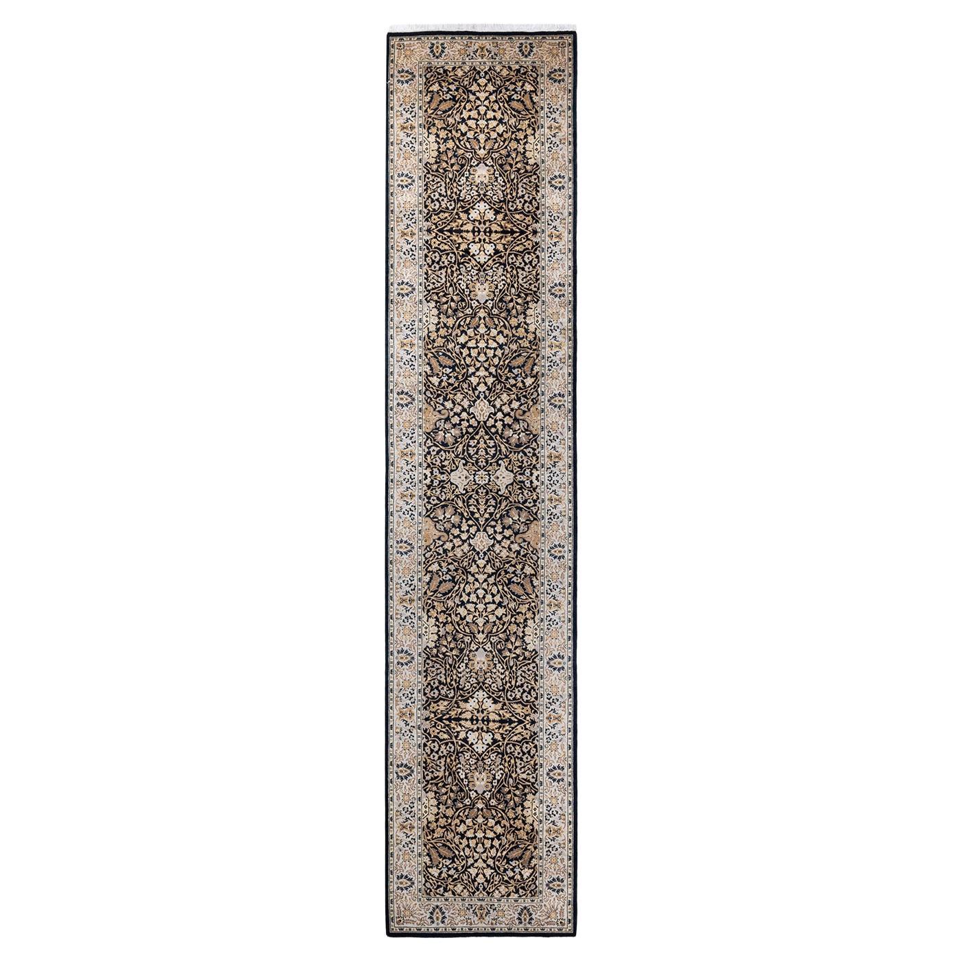 Traditional Mogul Hand Knotted Wool Black Runner For Sale at 1stDibs