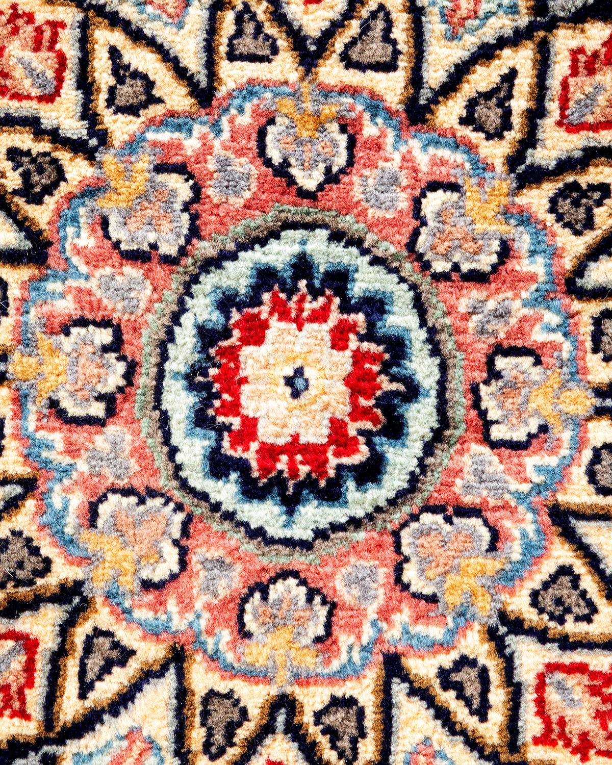 Traditional Mogul Hand Knotted Wool Red Round Area Rug For Sale at 1stDibs