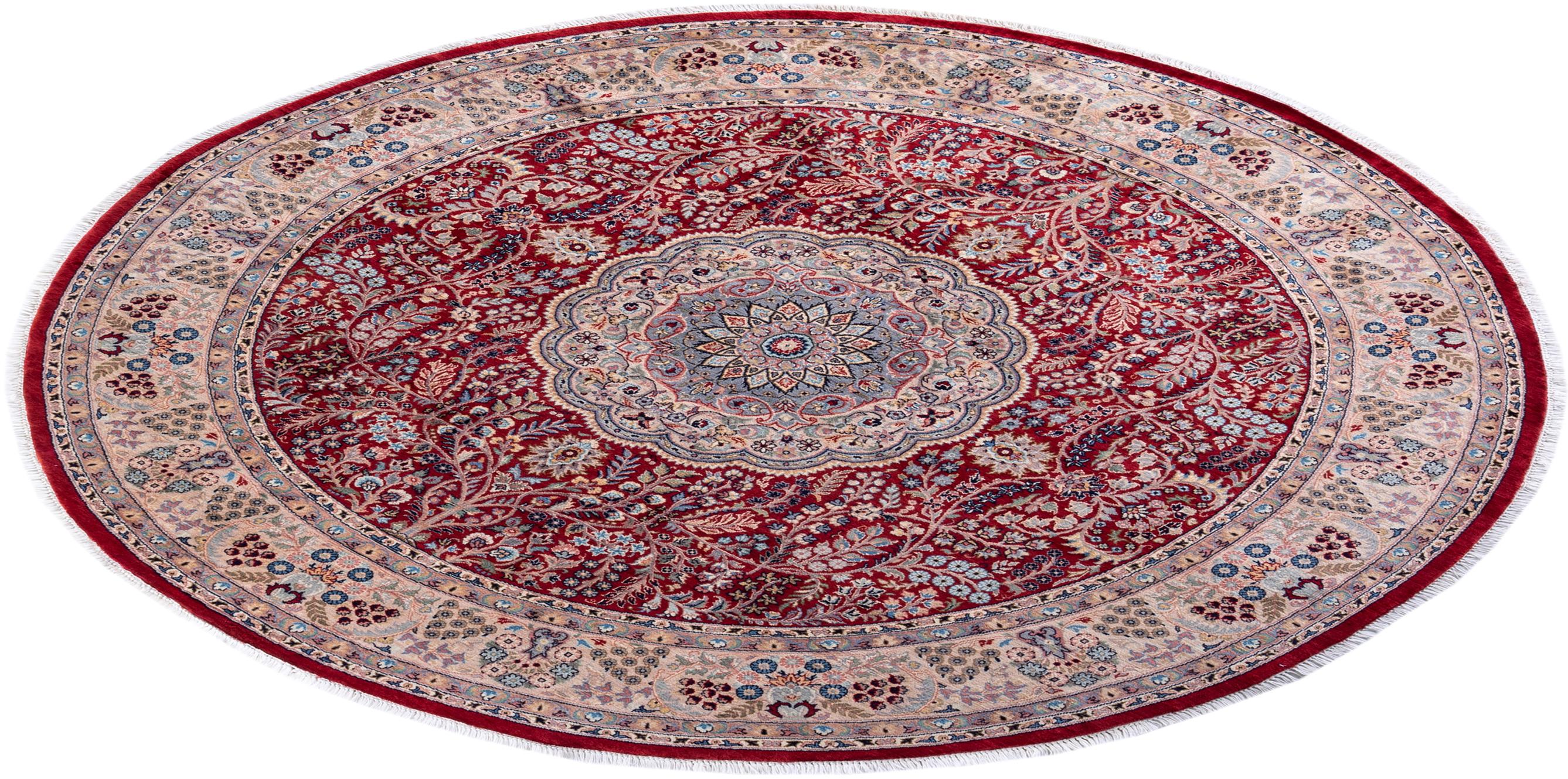Traditional Mogul Hand Knotted Wool Red Round Area Rug For Sale at 1stDibs