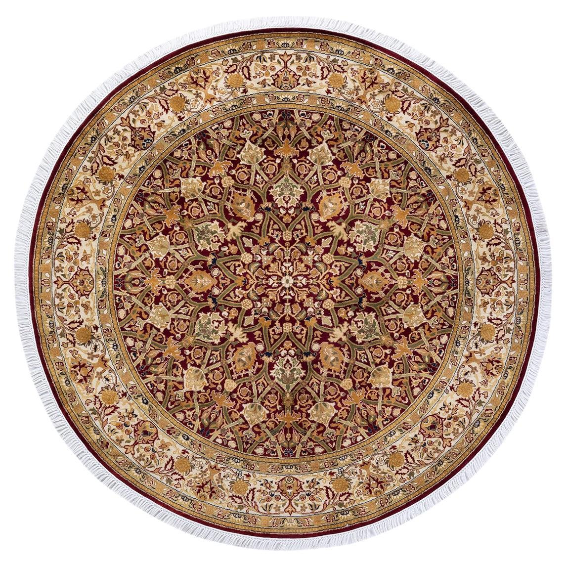 Traditional Mogul Hand Knotted Wool Red Round Area Rug For Sale at 1stDibs