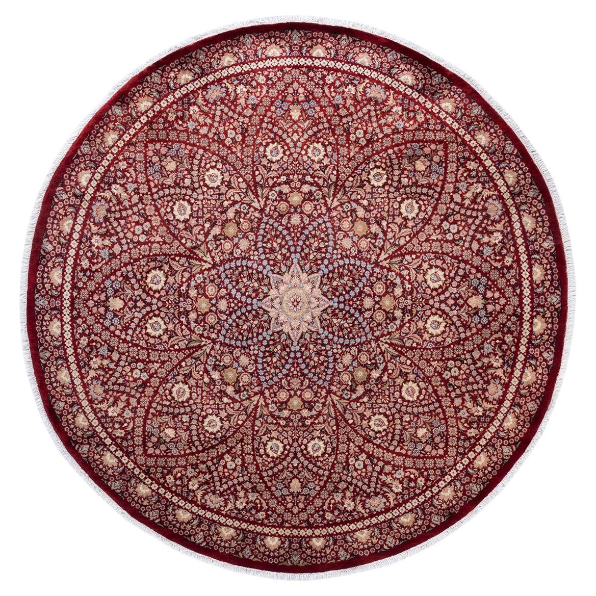 Traditional Mogul Hand Knotted Wool Red Round Area Rug For Sale at 1stDibs