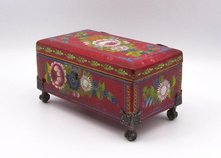Traditional Red and Floral Hand-Painted Lacquer Box, Olinalá at 1stDibs