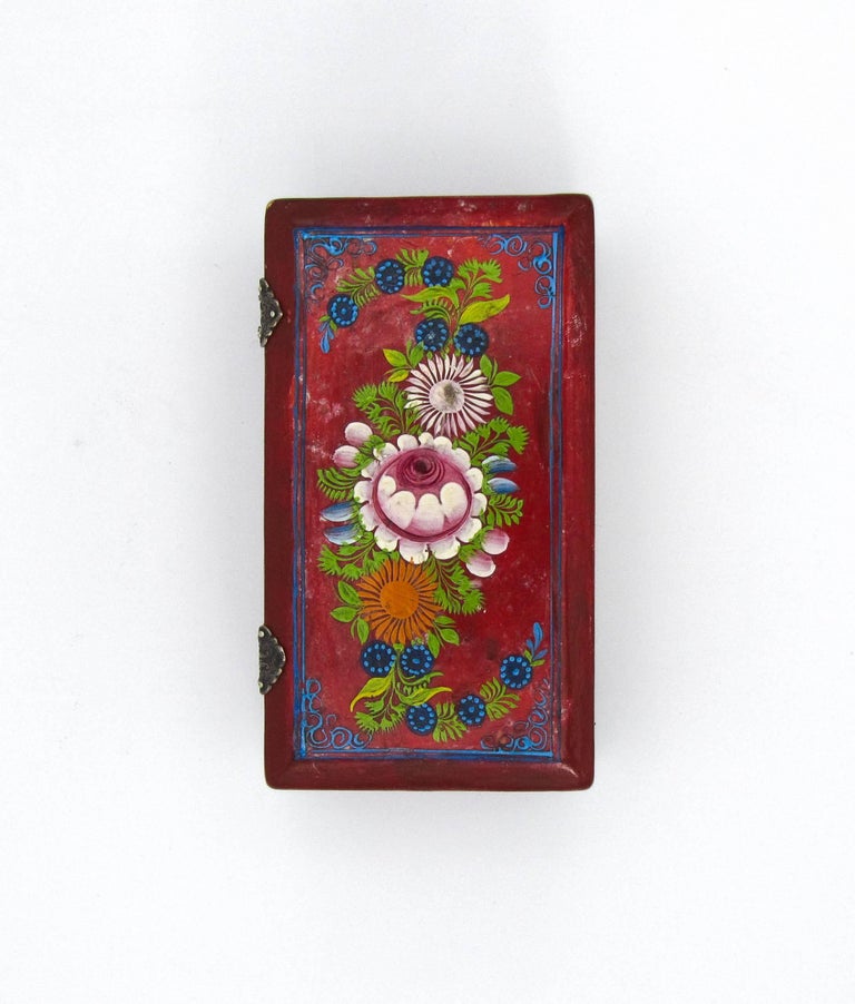 Traditional Red and Floral Hand-Painted Lacquer Box, Olinalá at 1stDibs