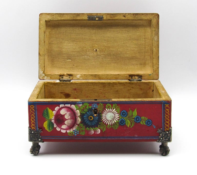 Traditional Red and Floral Hand-Painted Lacquer Box, Olinalá at 1stDibs