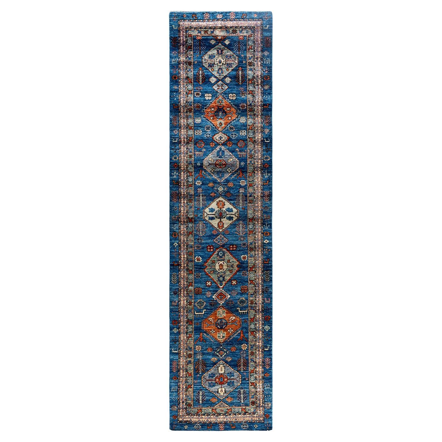 Traditional Serapi Hand Knotted Wool Blue Runner 2' 8" x 11' 11" For Sale at 1stDibs