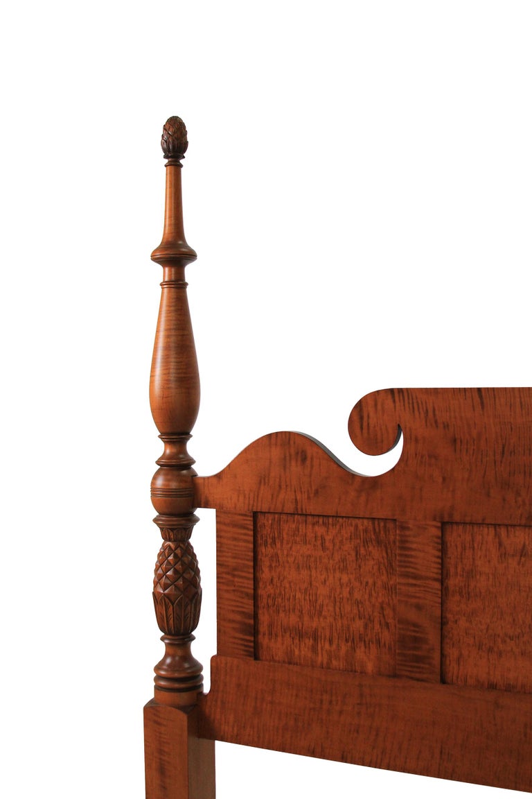 Queen Stained Tiger Maple Carved Four Poster Bed with a Paneled ...
