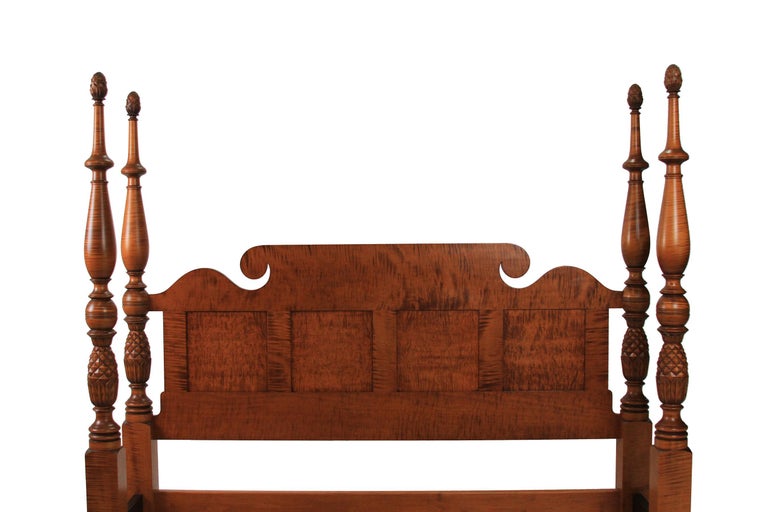Queen Stained Tiger Maple Carved Four Poster Bed with a Paneled ...