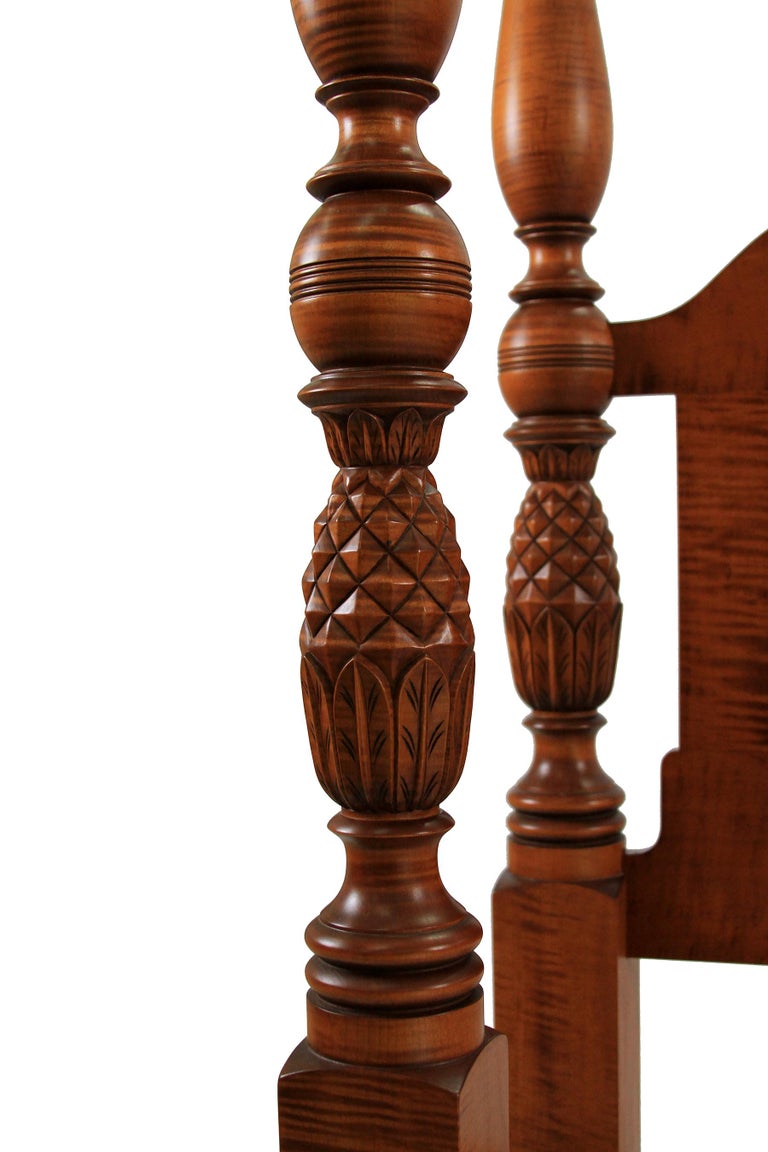Queen Stained Tiger Maple Carved Four Poster Bed with a Paneled ...