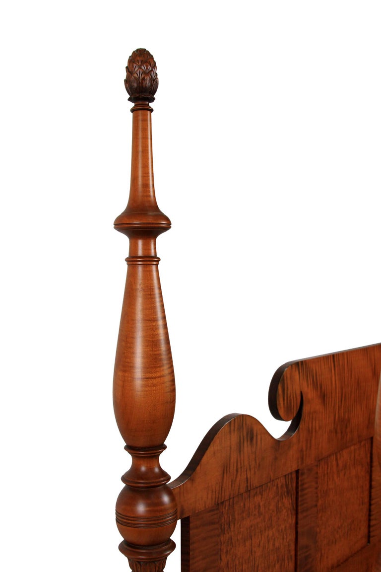 Queen Stained Tiger Maple Carved Four Poster Bed with a Paneled ...