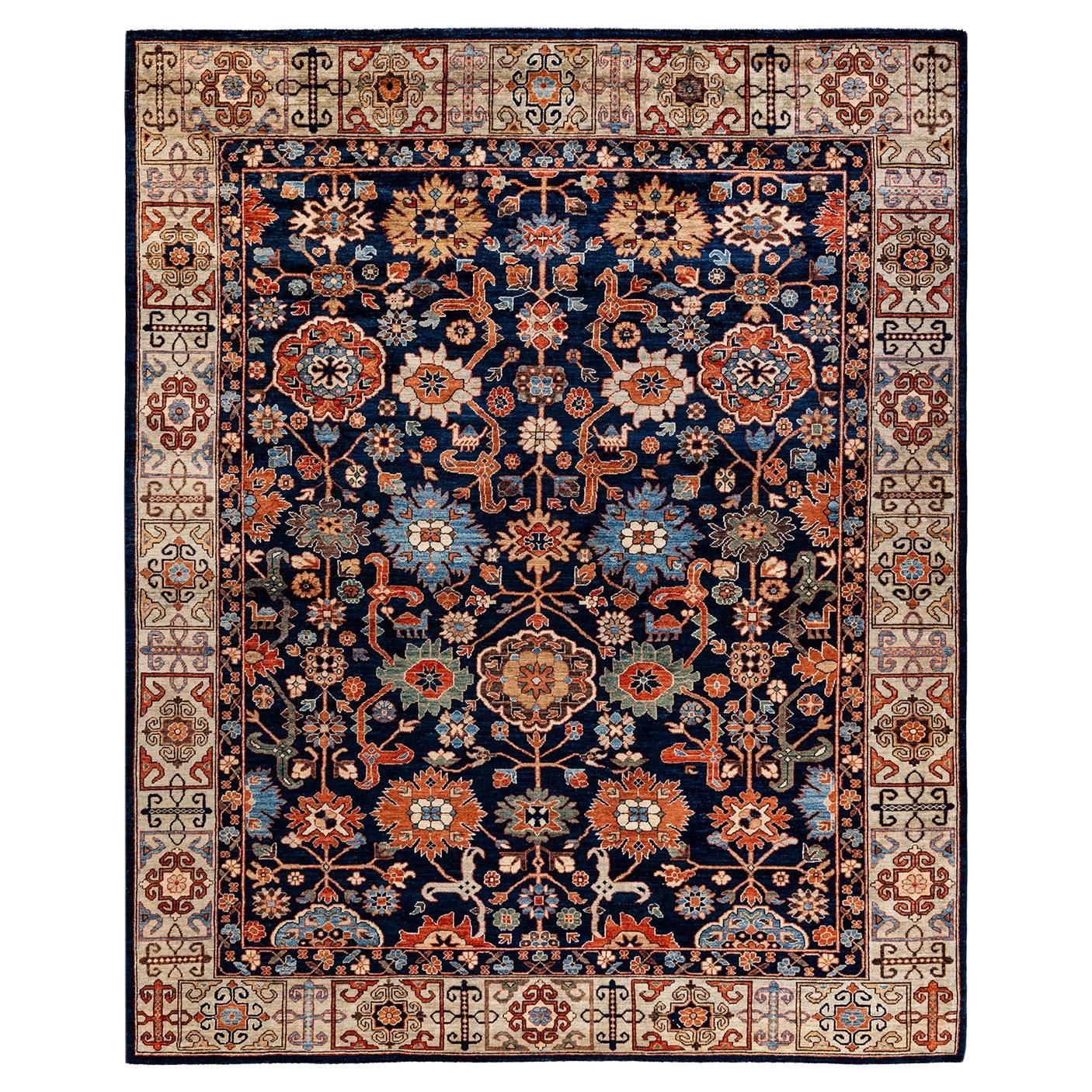 Traditional Tribal Hand Knotted Wool Blue Area Rug For Sale at 1stDibs