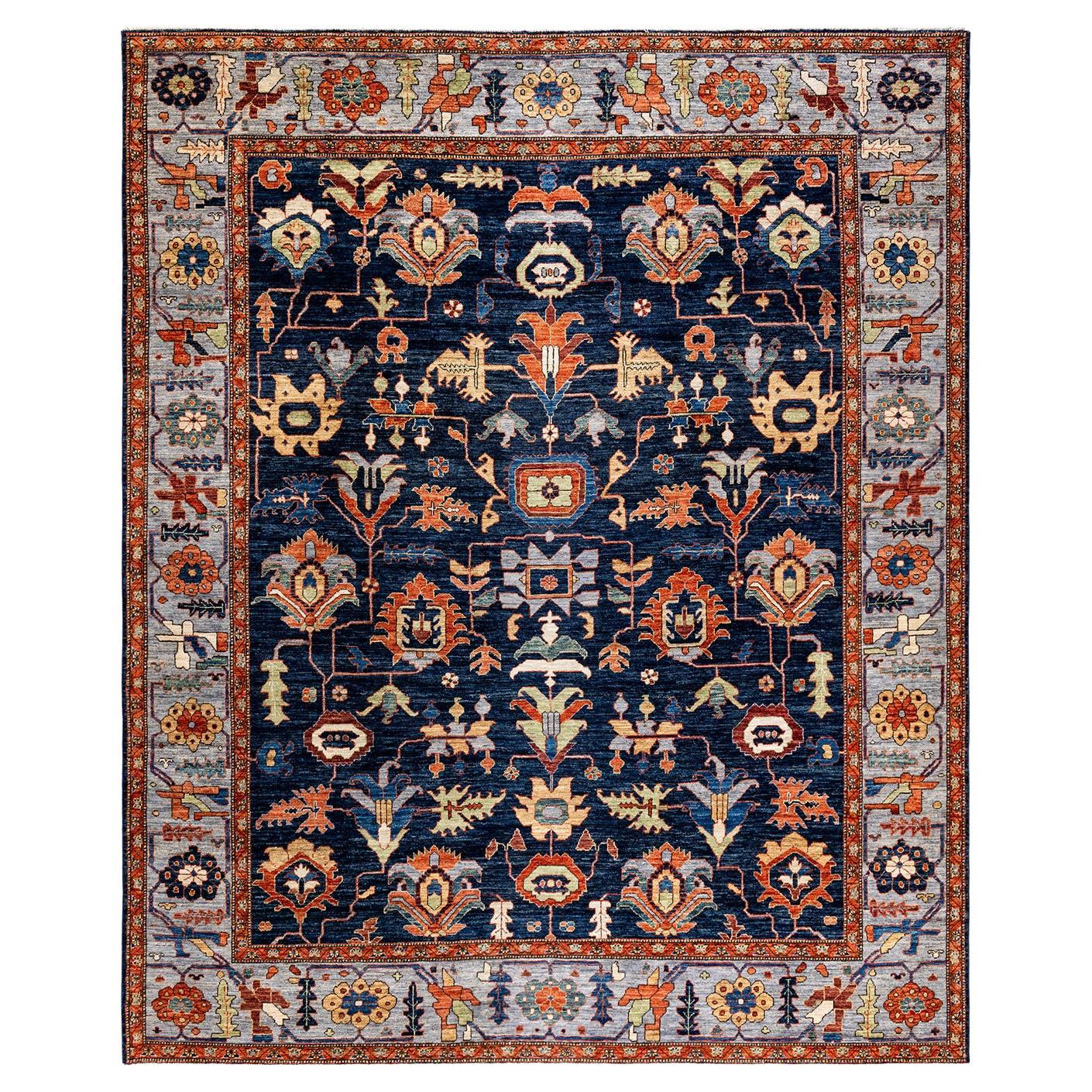 Traditional Tribal Hand Knotted Wool Blue Area Rug For Sale at 1stDibs