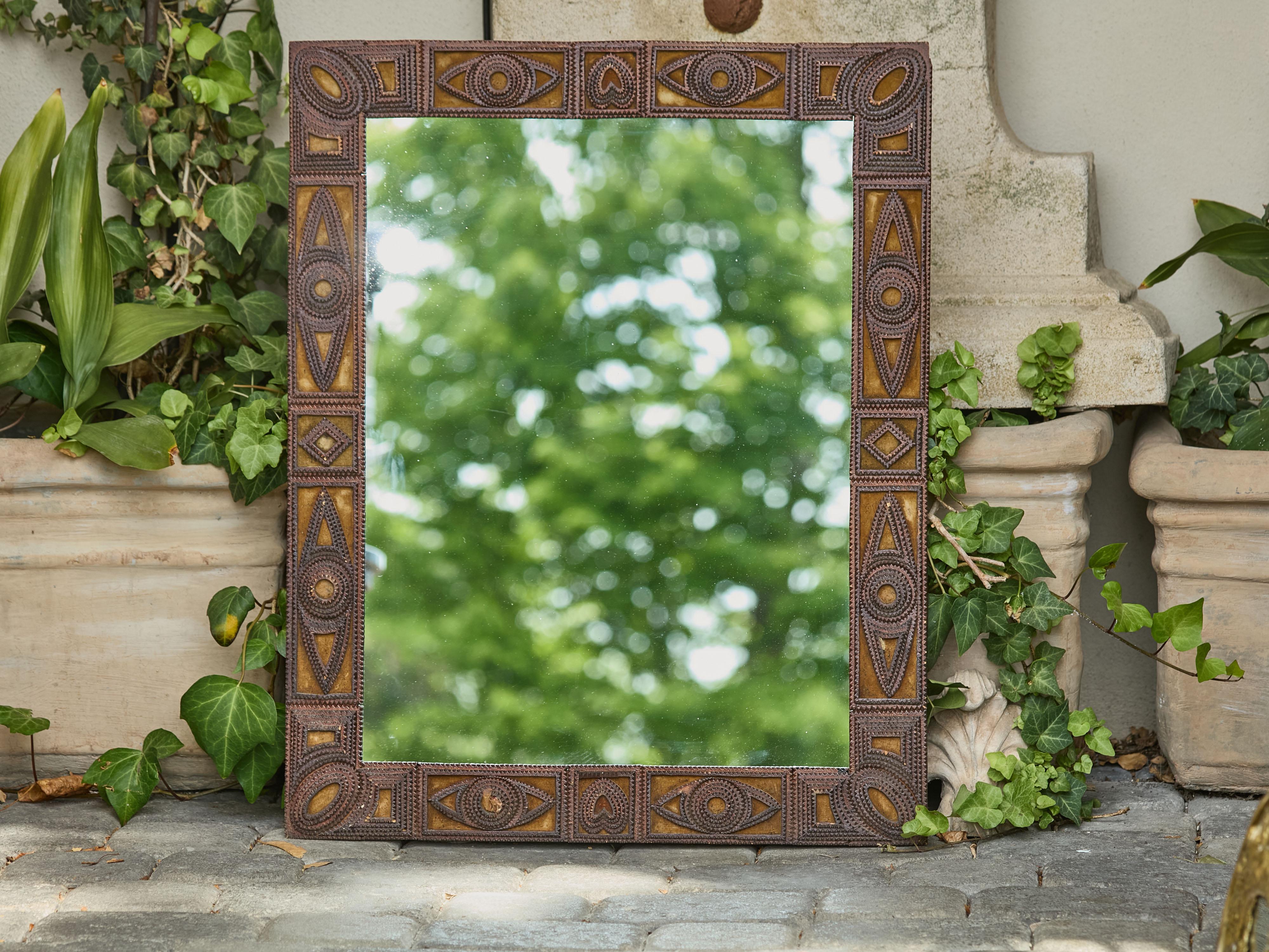 Tramp Art Folk Hand-Carved Mirror with Oval Raised Motifs, France circa ...
