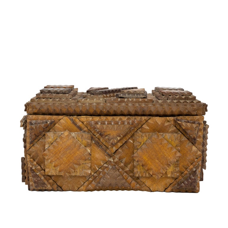 Tramp Art Lift-Top Box with Notched and Layered Geometrical Design, ca ...