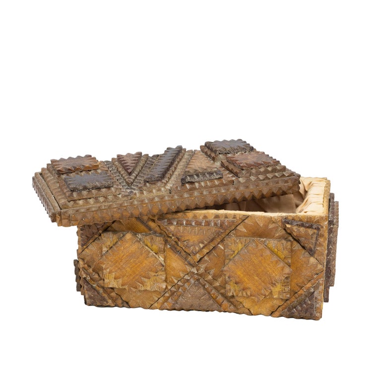 Tramp Art Lift-Top Box with Notched and Layered Geometrical Design, ca ...