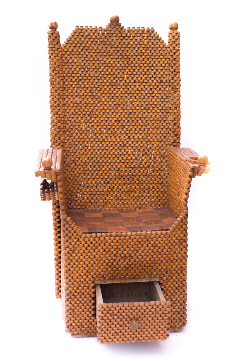 Tramp Art, Outsider Art Midcentury Throne Chair with Footstool at 1stDibs