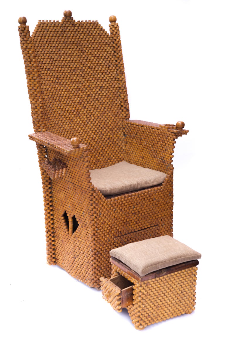 Tramp Art, Outsider Art Midcentury Throne Chair with Footstool at 1stDibs