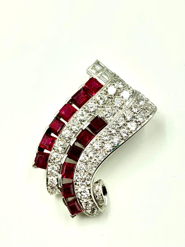 Transformable Art Deco Period Diamond Ruby Platinum Pendant, Clip ...