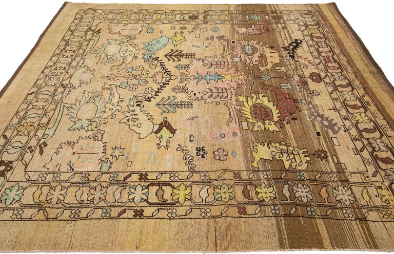 Transitional Art Deco Style Handmade Tan and Brown Square Wool Rug by ...