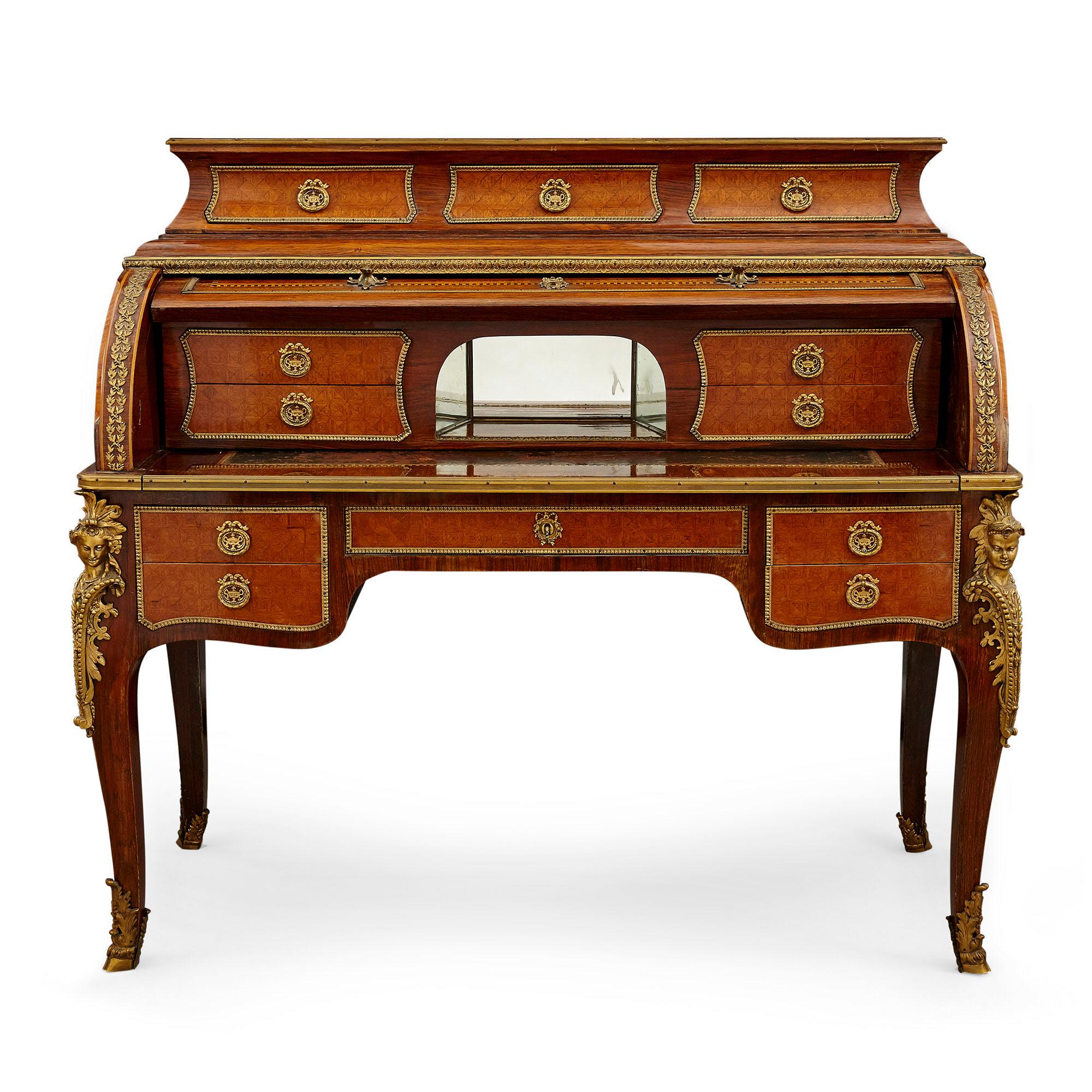 Transitional Style Gilt Bronze Mounted Roll Top Bureau For Sale at 1stDibs