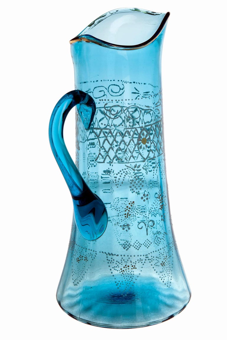 Translucent Blue Hand Blown Enameled Glass Pitcher/Tankard For Sale at ...