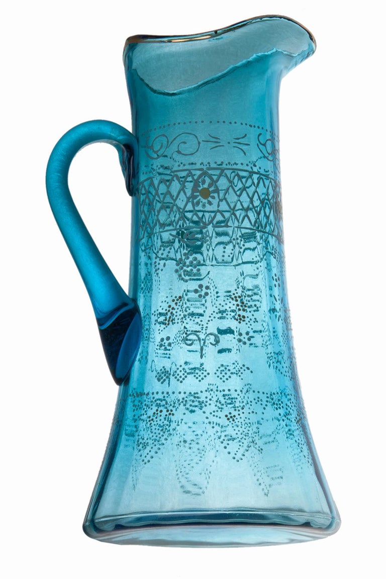 Translucent Blue Hand Blown Enameled Glass Pitcher/Tankard For Sale at ...