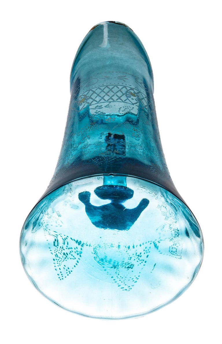 Translucent Blue Hand Blown Enameled Glass Pitcher/Tankard For Sale at ...