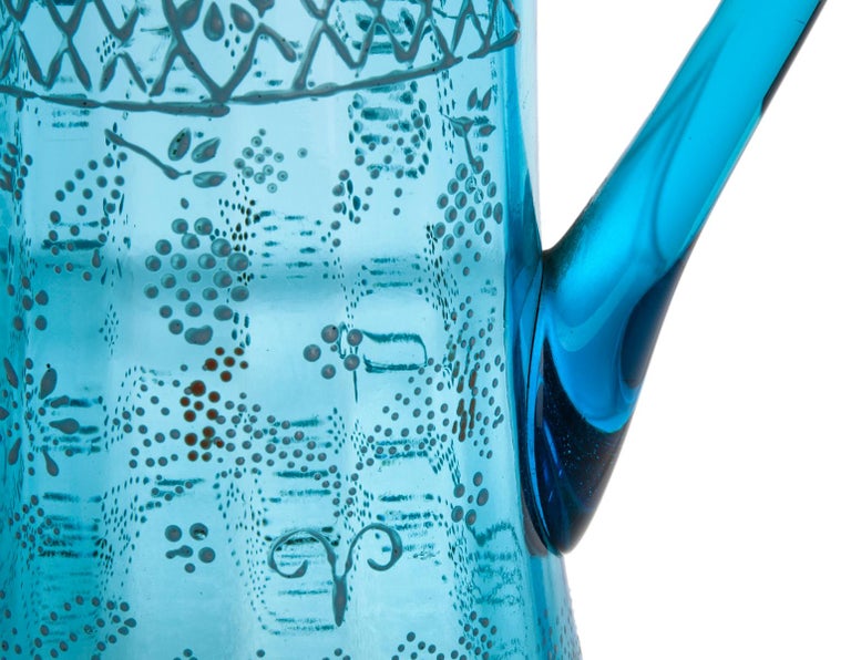 Translucent Blue Hand Blown Enameled Glass Pitcher/Tankard For Sale at ...