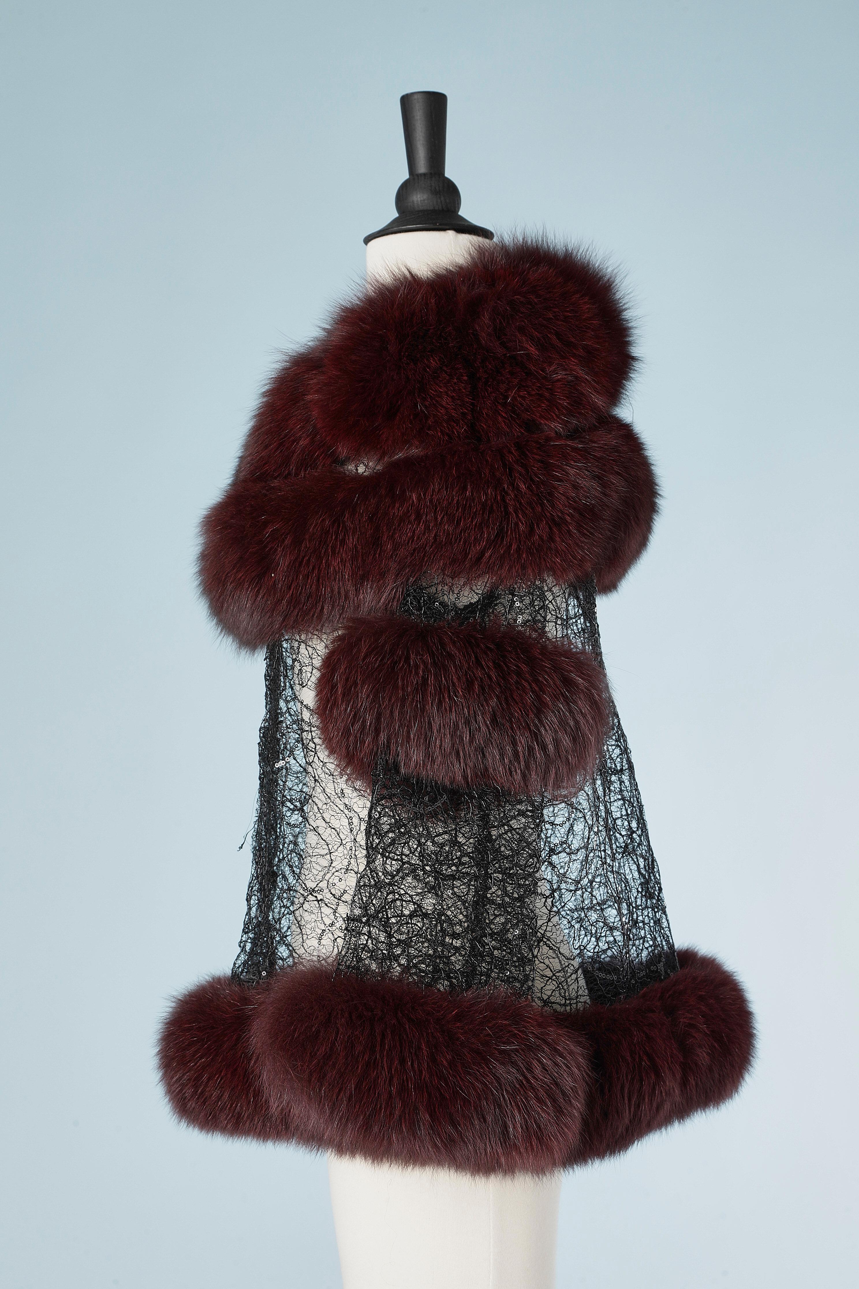 Transparent evening jacket in black guipure and sequin with burgundy ...