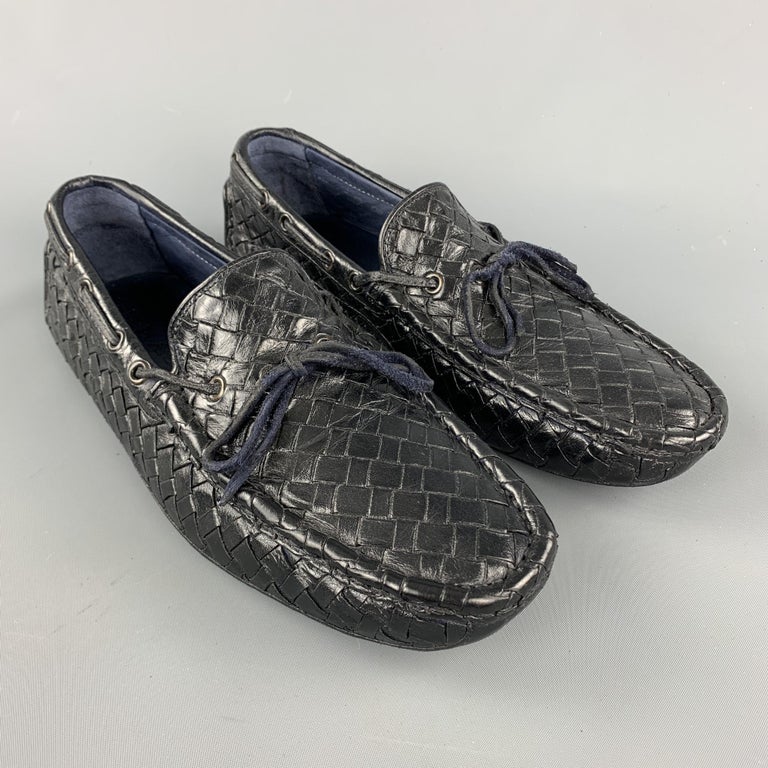 TRASK Size 9 Navy Woven Leather Bow Drivers Loafers at 1stDibs