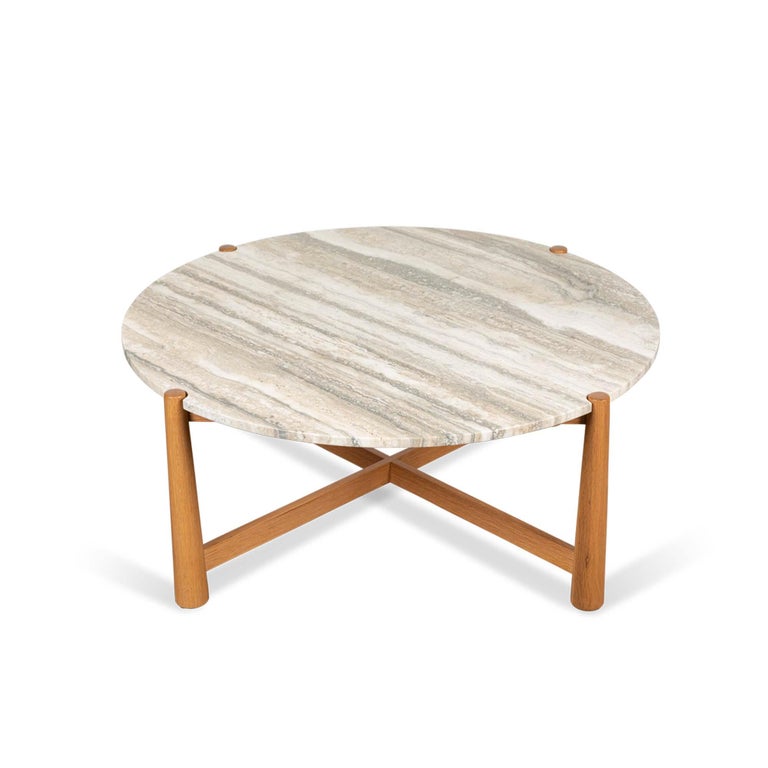 Travertine and Oak Round Bronson Coffee Table by Lawson-Fenning For Sale at 1stDibs