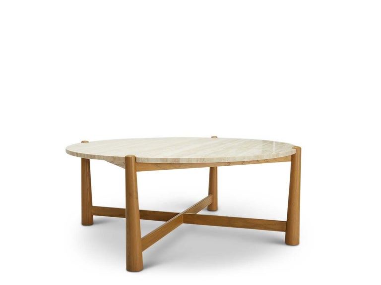 Travertine and Oak Round Bronson Coffee Table by Lawson-Fenning For Sale at 1stDibs