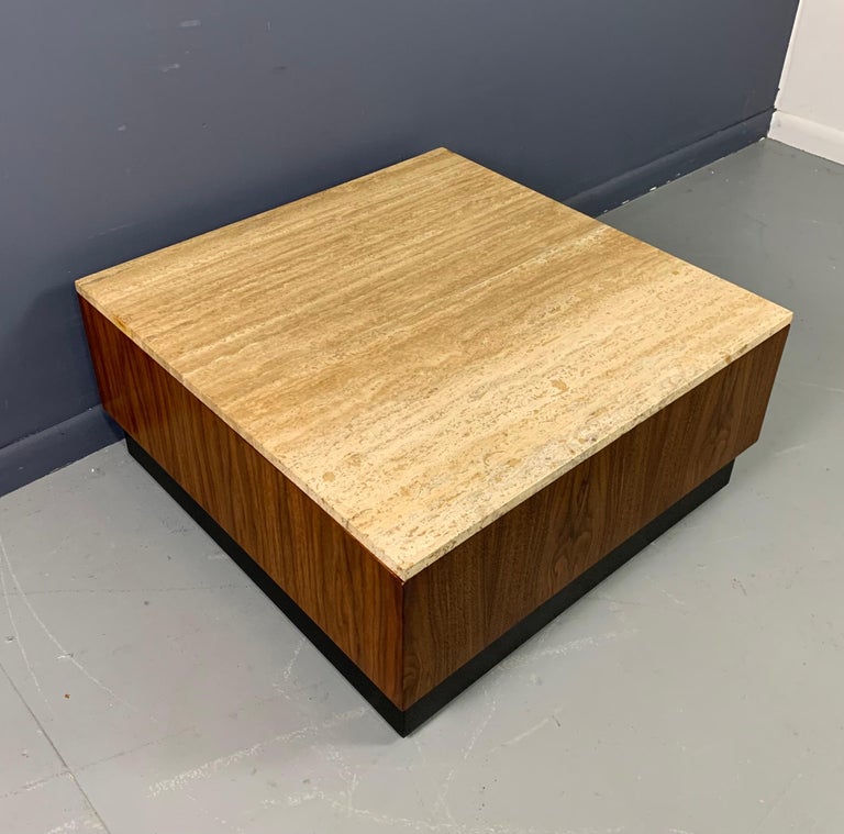 Travertine and Walnut Midcentury Coffee Table on a Black Plinth Base ...