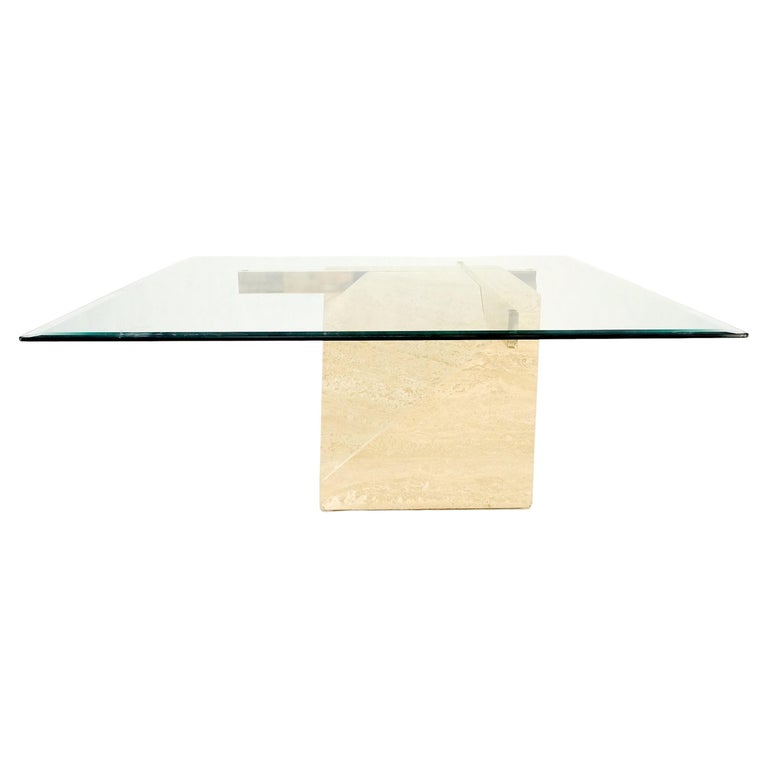 Travertine Cube Base Square Glass Top Italian Mid-Century Modern Coffee ...