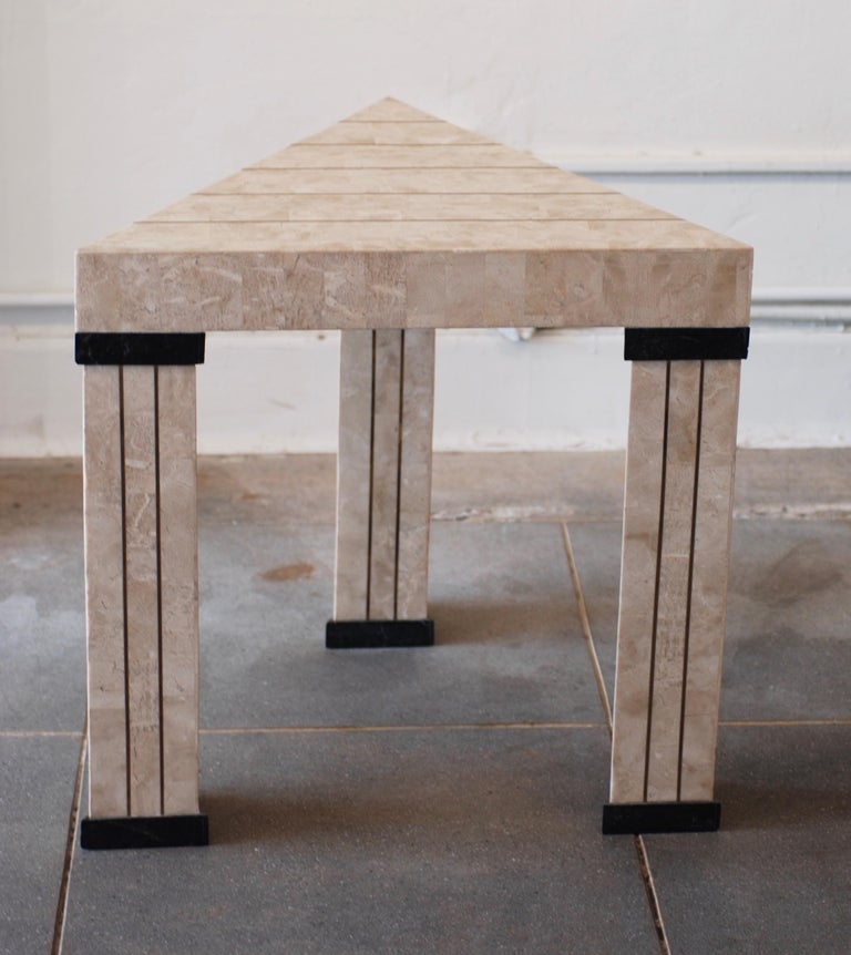 Travertine Inlaid Brass and Marble Triangular Postmodern Side Table For ...