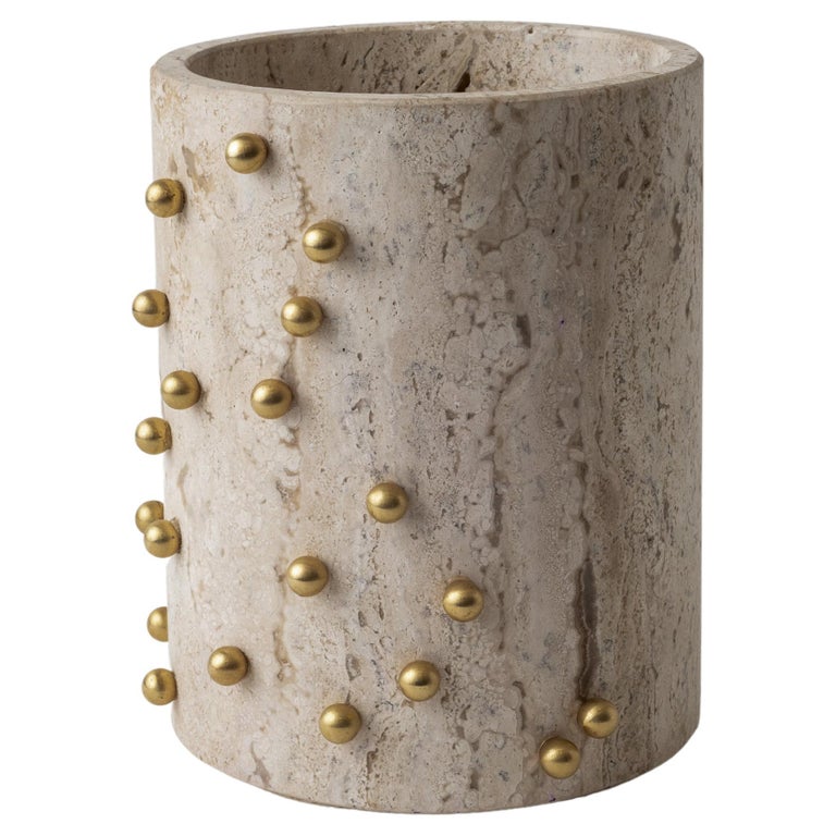 Confetti Travertine Marble and Brass Wide Vase For Sale at 1stDibs