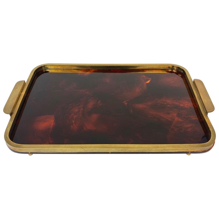 Tray in Lucite Tortoise Shell Effect and Brass, Italy, 1970s at 1stDibs