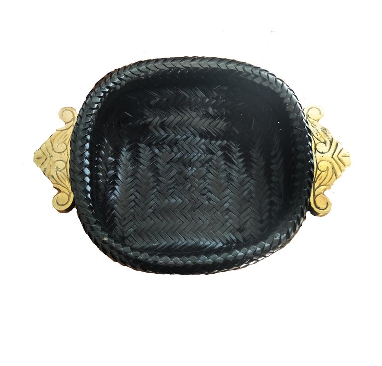 Trays Black Rattan and Brass Handles Oriental Origin 3 Pieces, Mid 20th ...