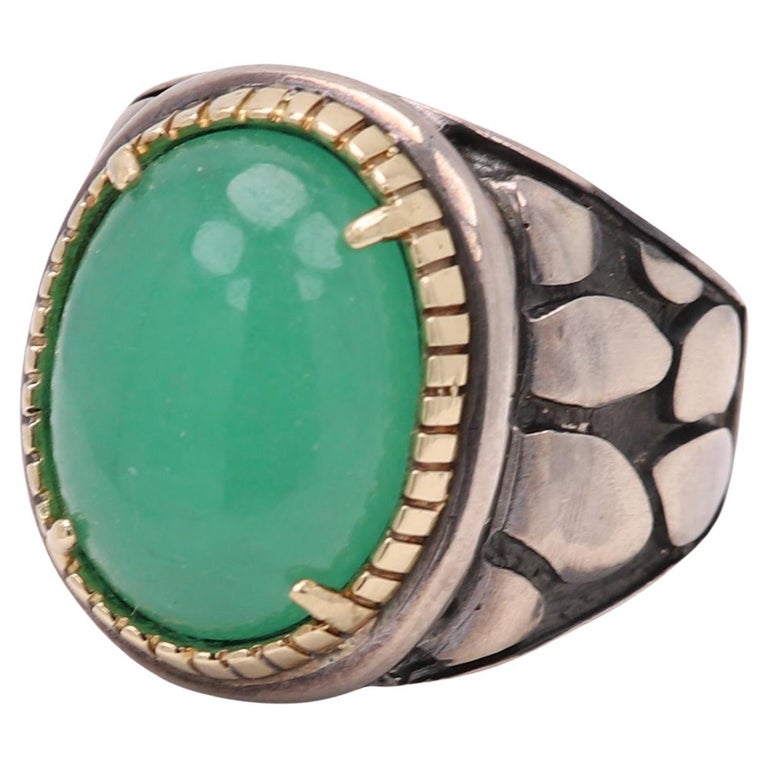 Treated Jade Ring Sterling Silver 925 and 18 Karat Gold Green Jade ...
