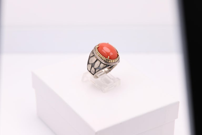Treated Red Coral Ring Sterling Silver 925 and 18 Karat Gold For Sale ...