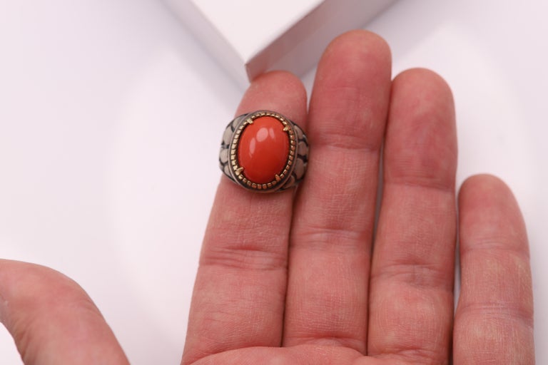 Treated Red Coral Ring Sterling Silver 925 and 18 Karat Gold For Sale ...