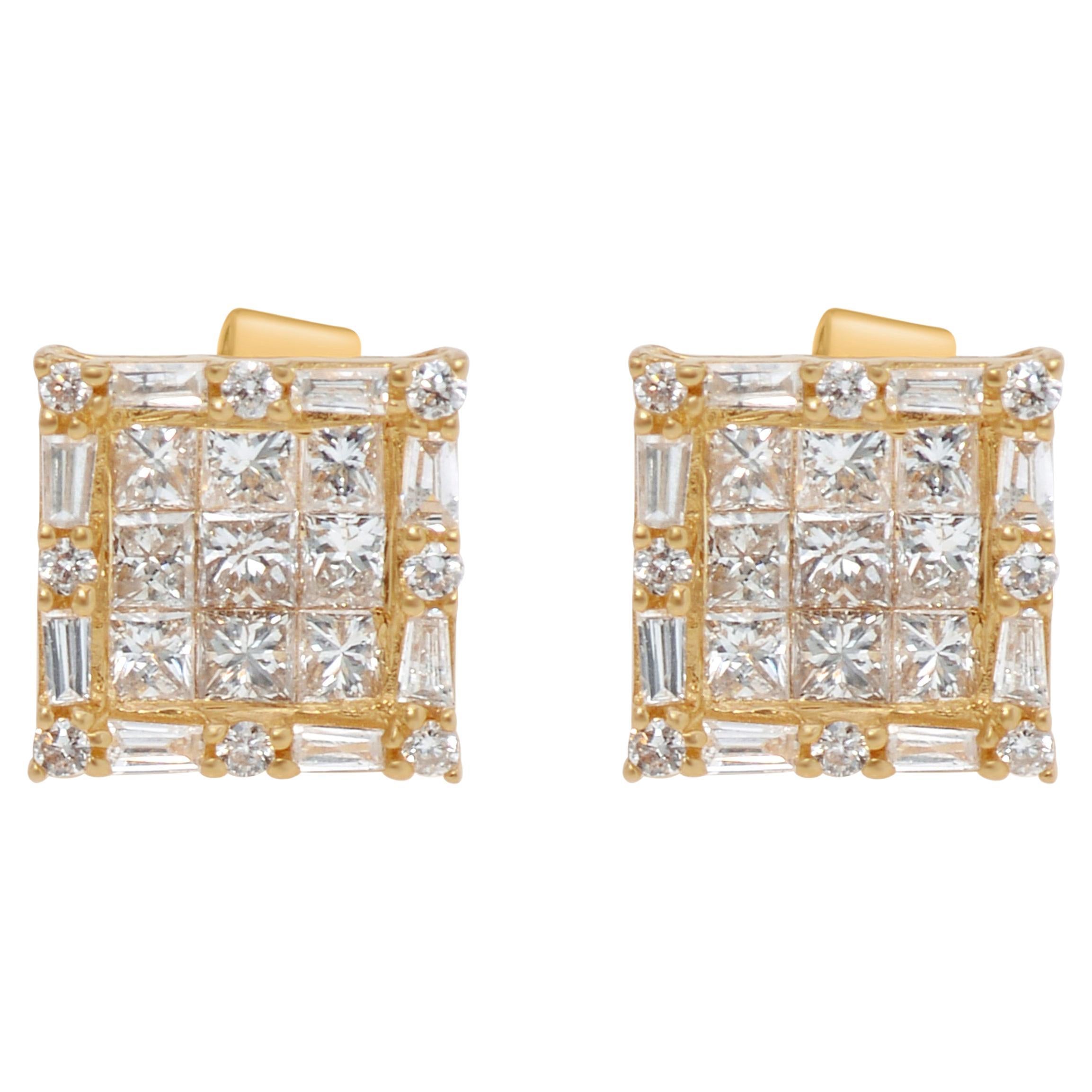 18k Gold Round Diamond 3x3 Grid Studs For Sale at 1stDibs