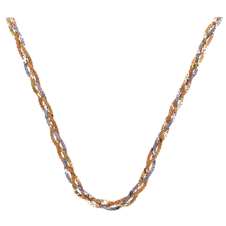Tri Color 18 Karat Yellow White Rose Braided Necklace For Sale (Free ...