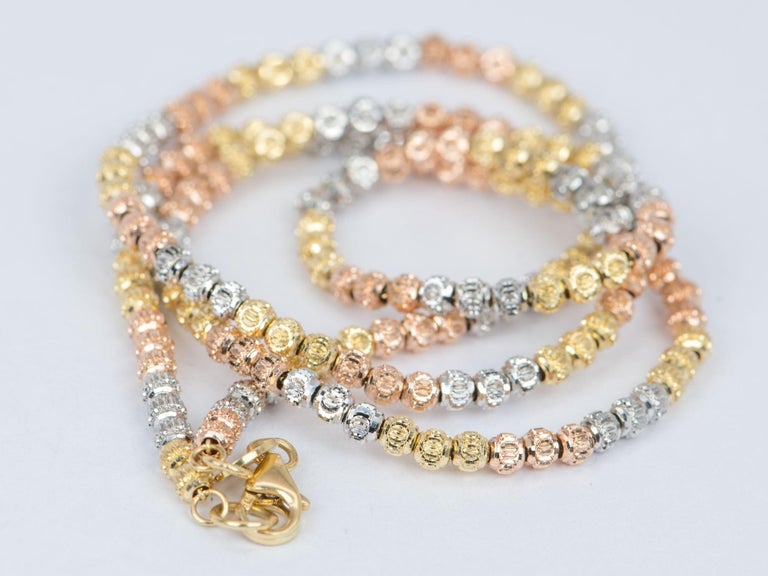Tri-Color 18K Gold Diamond Cut Bead Necklace For Sale at 1stDibs