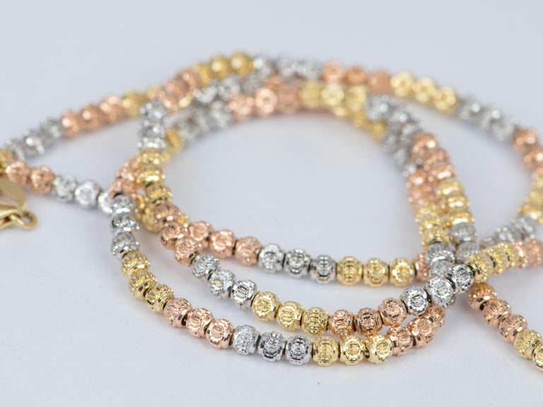 Tri-Color 18K Gold Diamond Cut Bead Necklace For Sale at 1stDibs