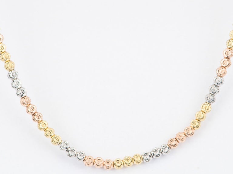 Tri-Color 18K Gold Diamond Cut Bead Necklace For Sale at 1stDibs