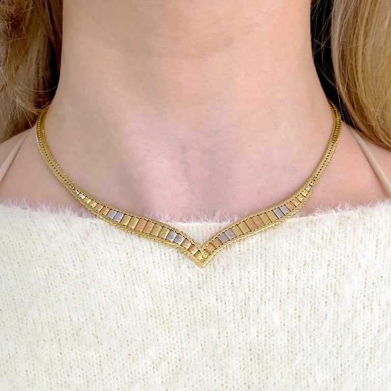 Tri Color Gold "V" Pointed Necklace, Yellow Gold Rose Gold White Gold ...