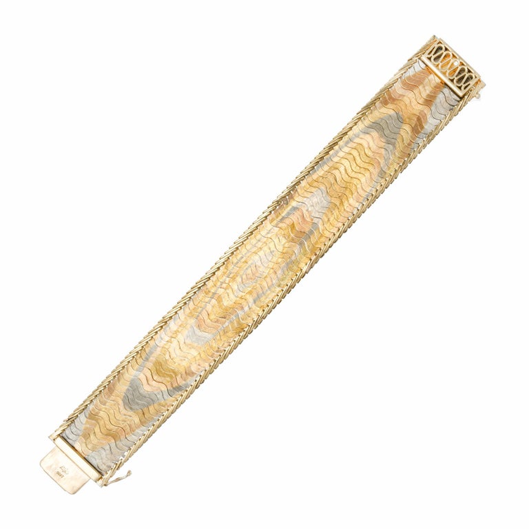 Tri-Color Gold Wide Textured Italian Bracelet at 1stDibs